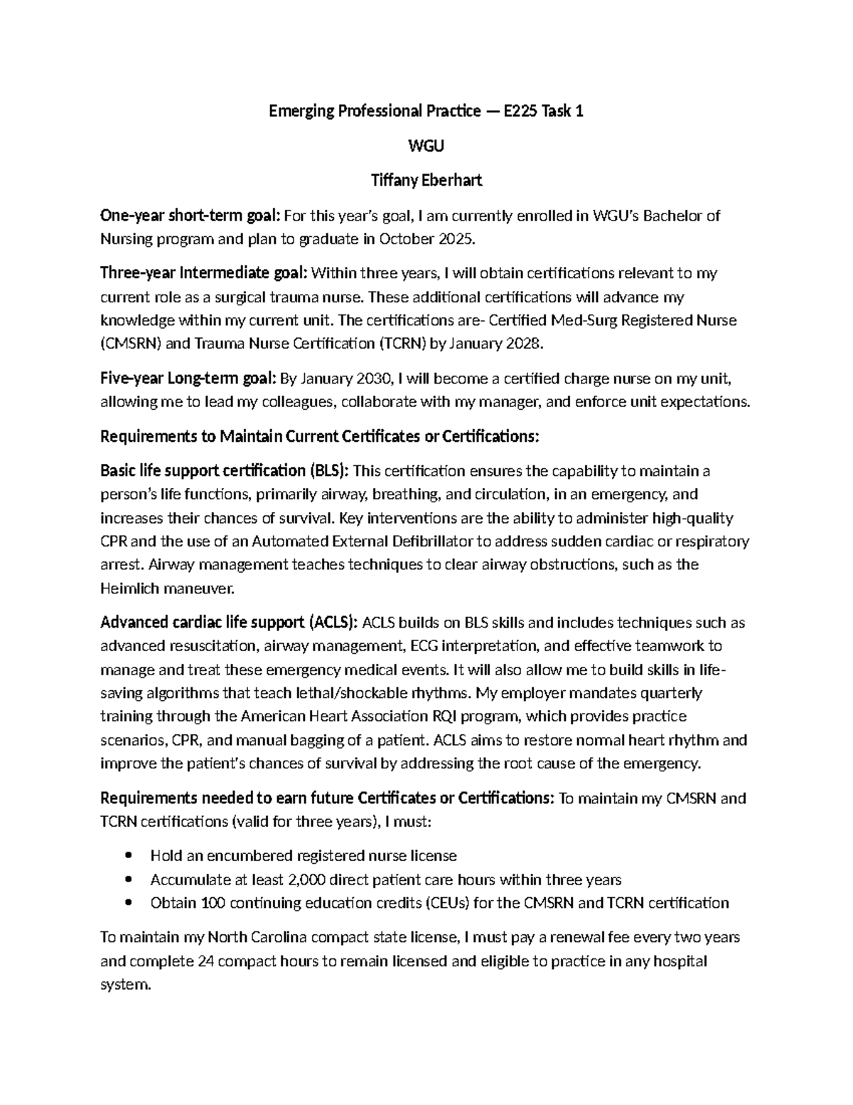 Professional Development Plan for Nursing E225 Task 1 - Studocu