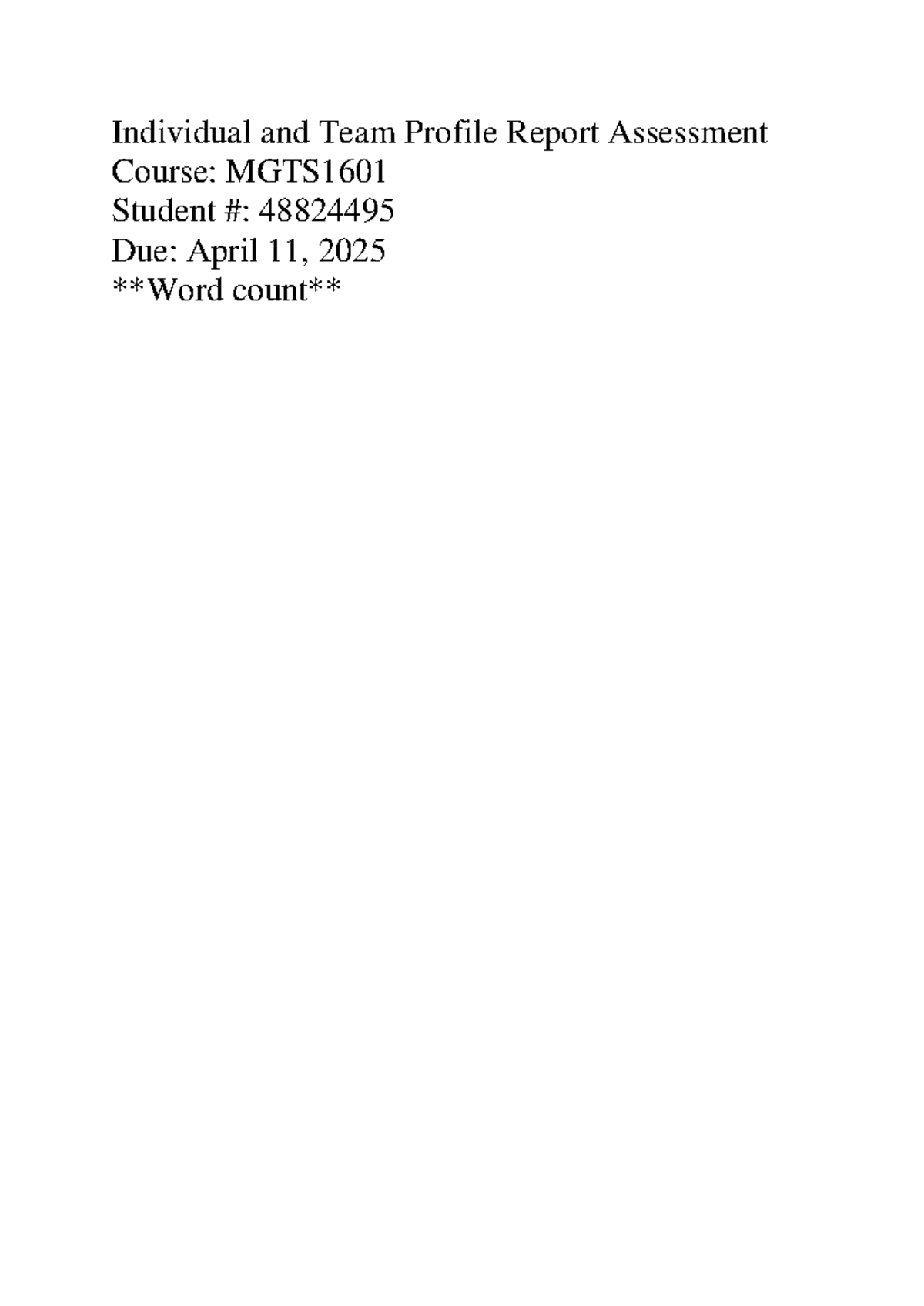 MGTS1601 Individual & Team Profile Report: Personality & Roles Analysis ...