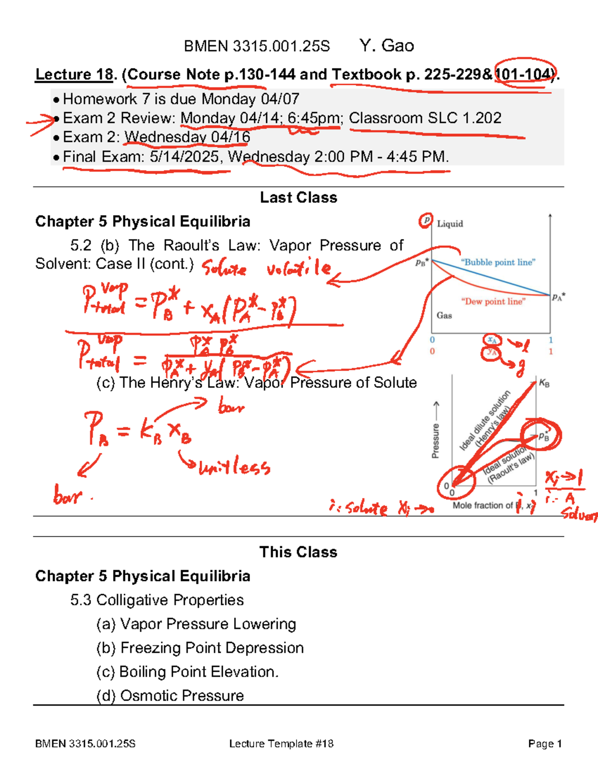 BMEN 3315.001.25S Lecture 18: Colligative Properties and Equilibria ...