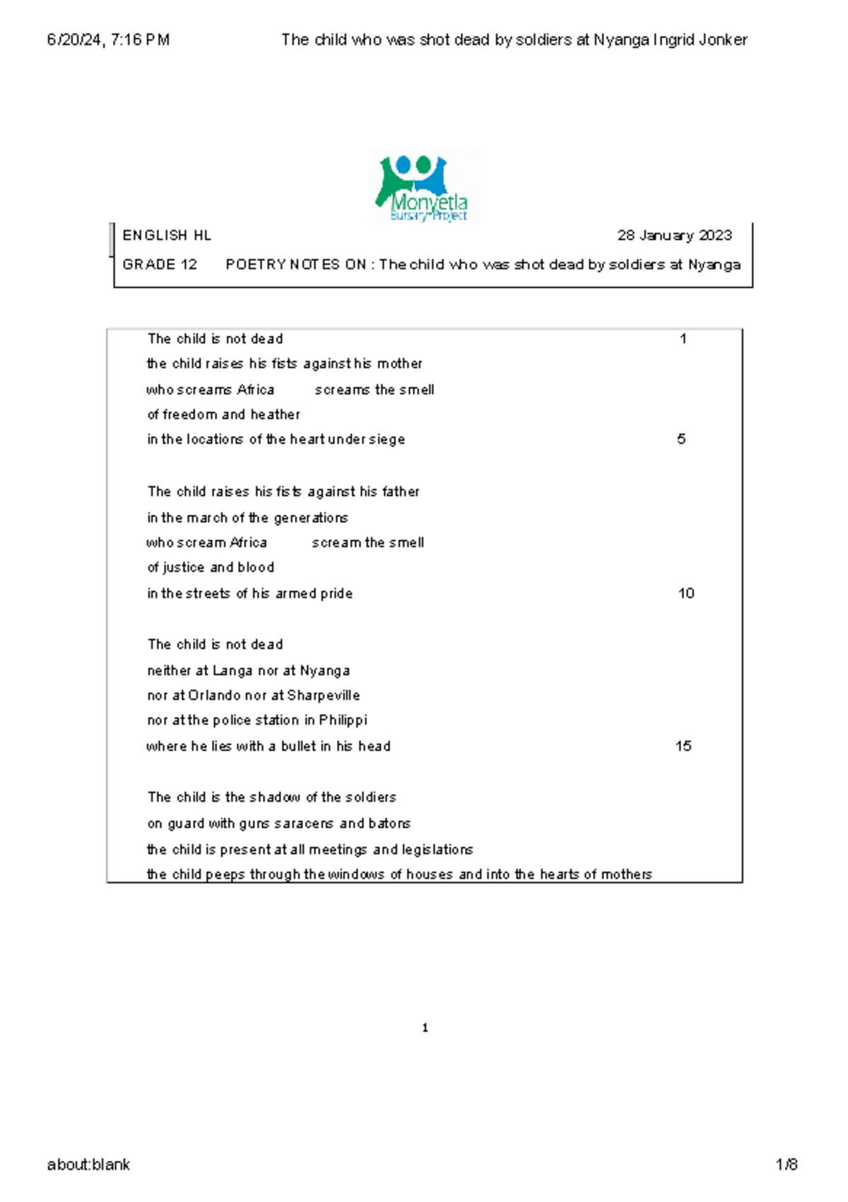 ENGLISH HL GRADE 12 POETRY NOTES: The Child Shot at Nyanga by Ingrid ...