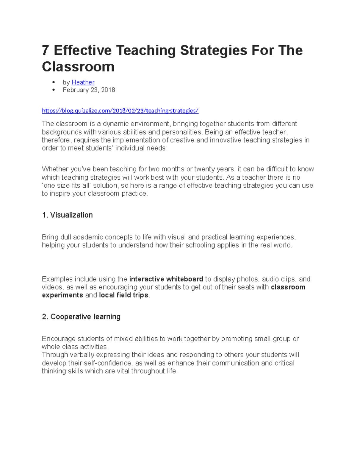 7 Effective Teaching Strategies For The Classroom - quizalize/2018/02 ...