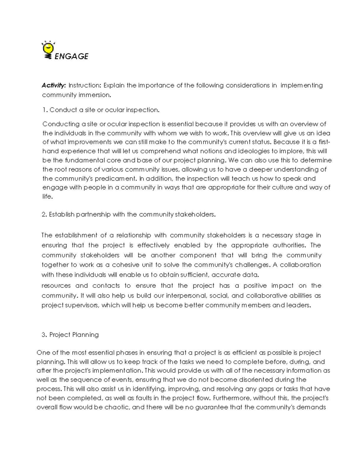 Community Immersion - ENGAGE Activity: Instruction: Explain the ...