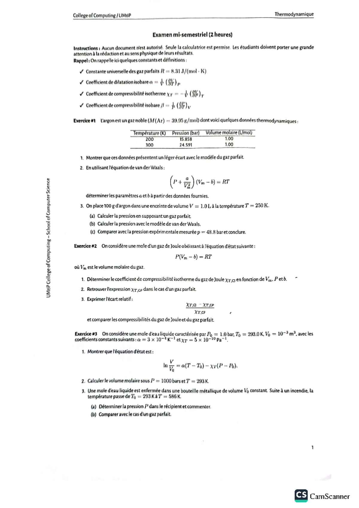 Midterm Exam Thermodynamics (THERM101) - UM6P Study Guide - Studocu