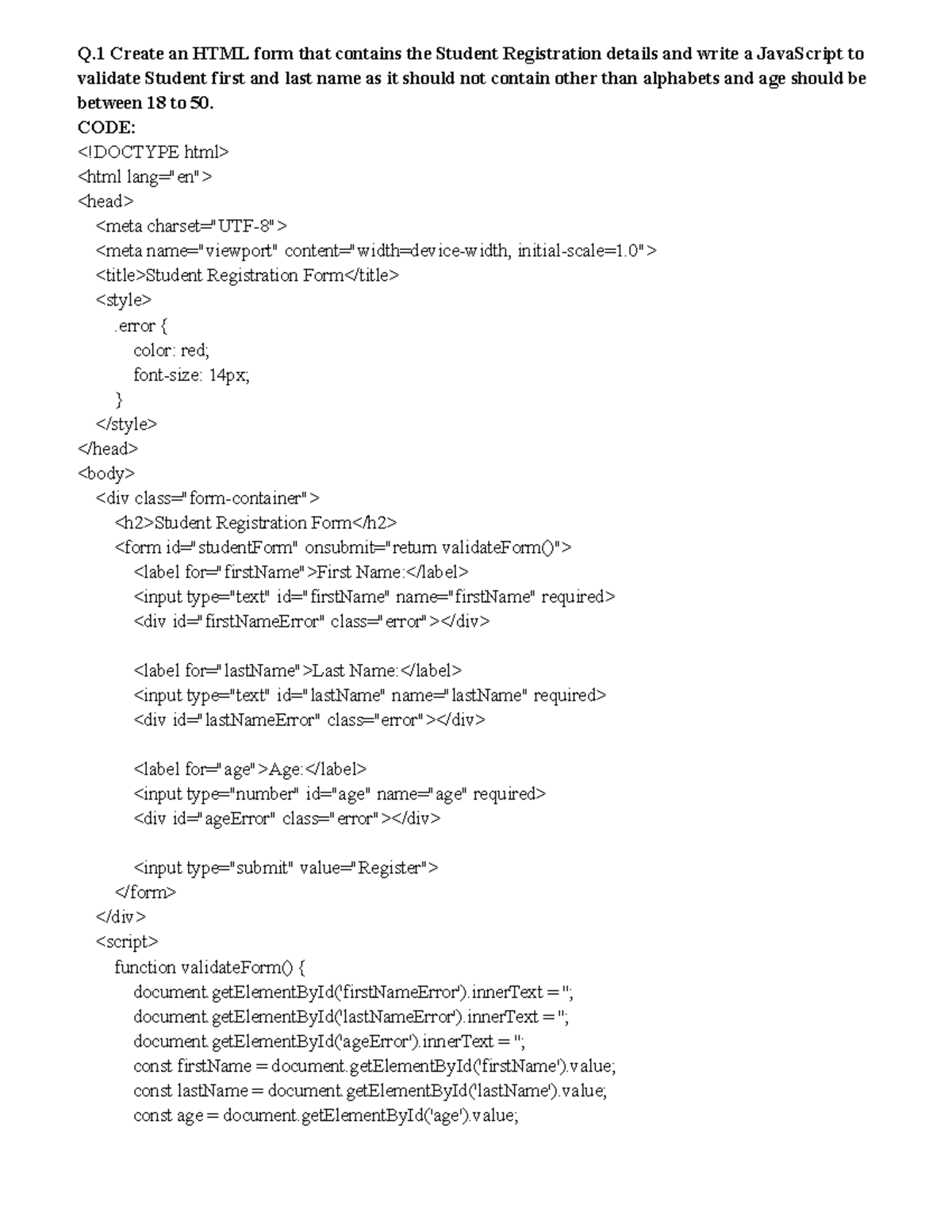 Fullstackdev 1 Cs 560 Mj Full Stack Development I Q Create An Html Form That Contains The
