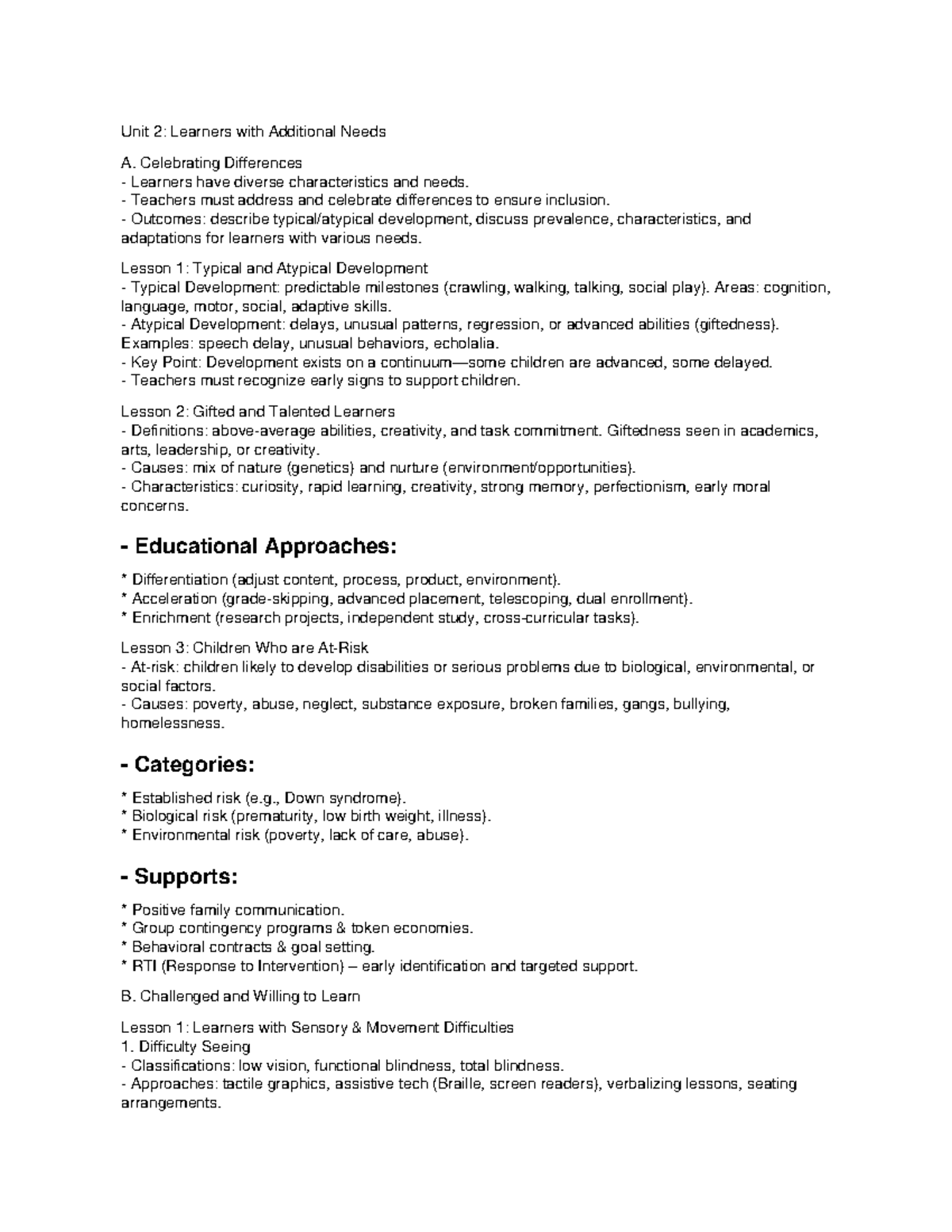 Special Education 101: Unit 2 - Learners with Additional Needs - Studocu