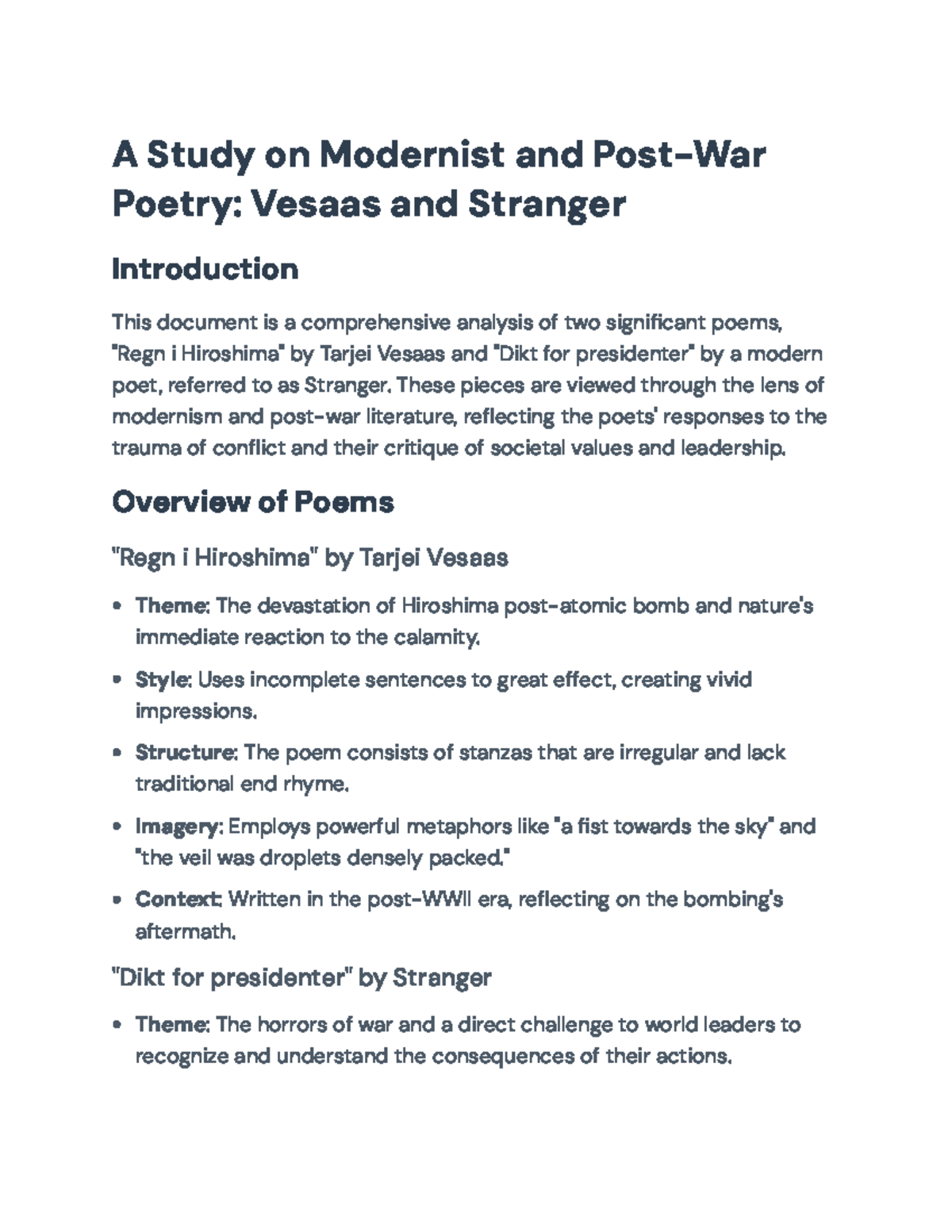 Analyzing Modernist and Post-War Themes in Vesaas and Stranger's Poetry ...