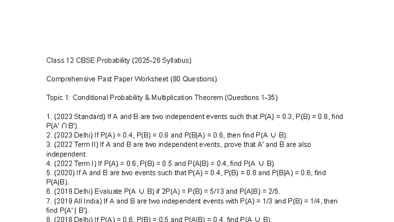 Class 12 CBSE Probability Syllabus: Past Paper Questions & Solutions ...
