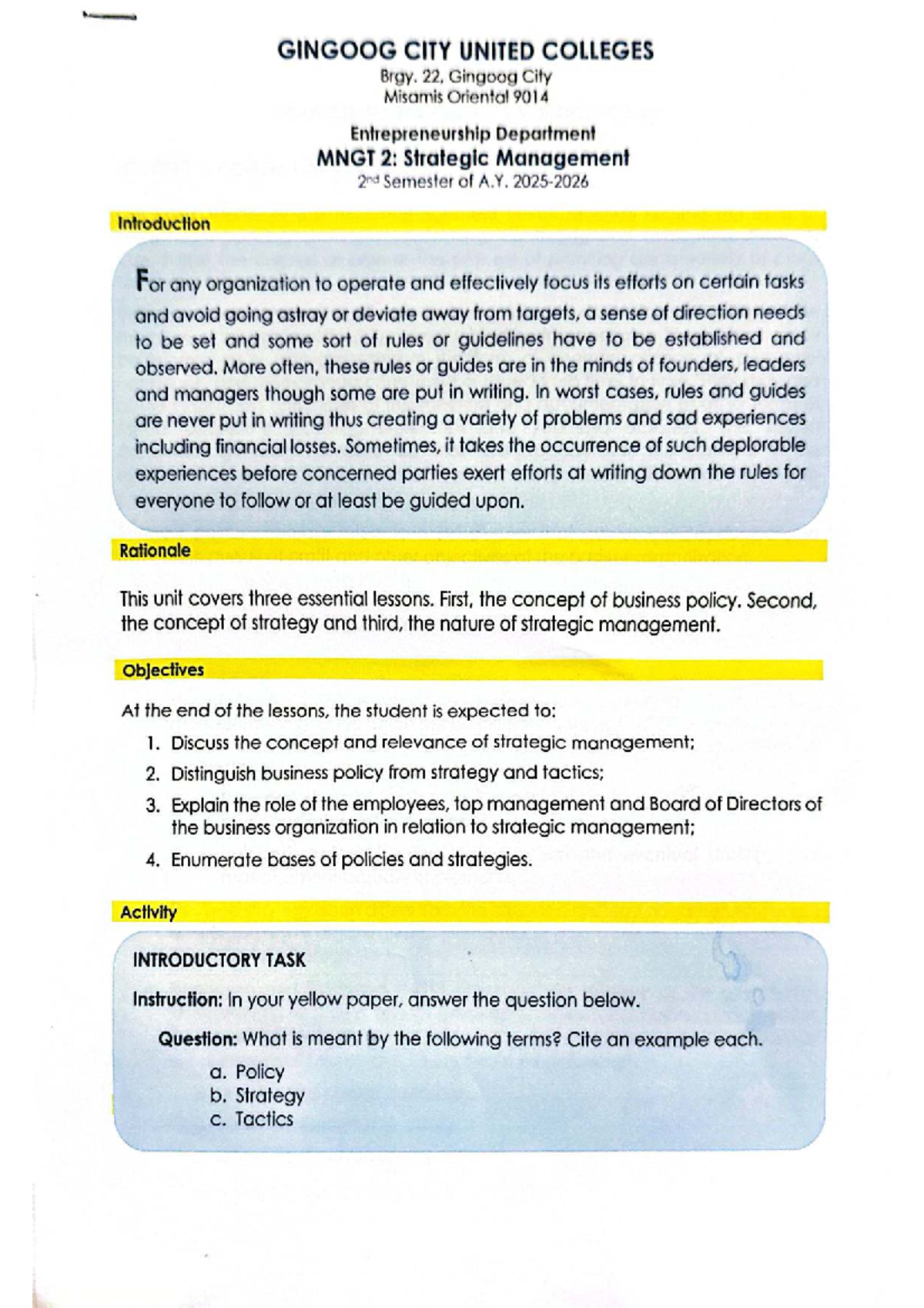 MNGT 2: Strategic Management - Introduction to Business Policy and ...