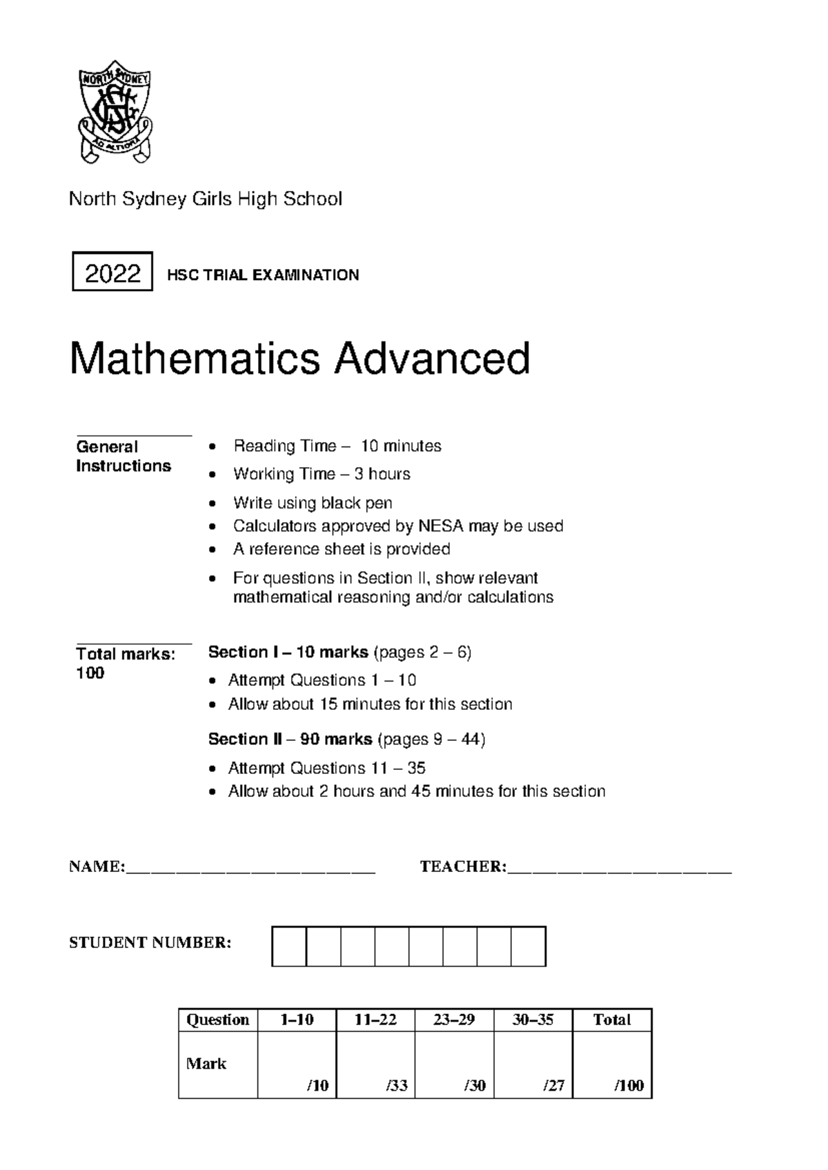 North Sydney Girls High School 2022 HSC Trial Exam Mathematics Advanced ...