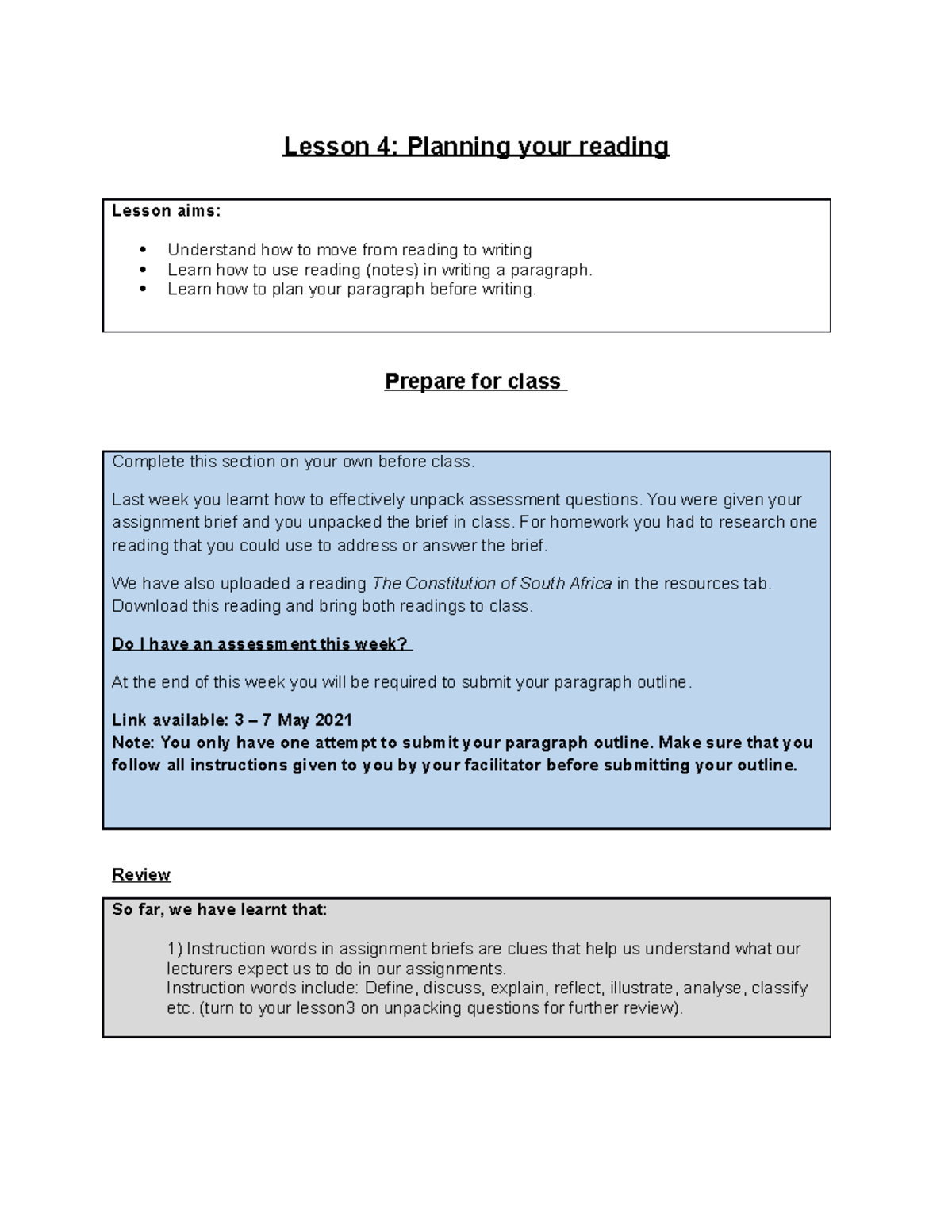 Lesson 4 Planning your reading - Lesson 4: Planning your reading Lesson ...