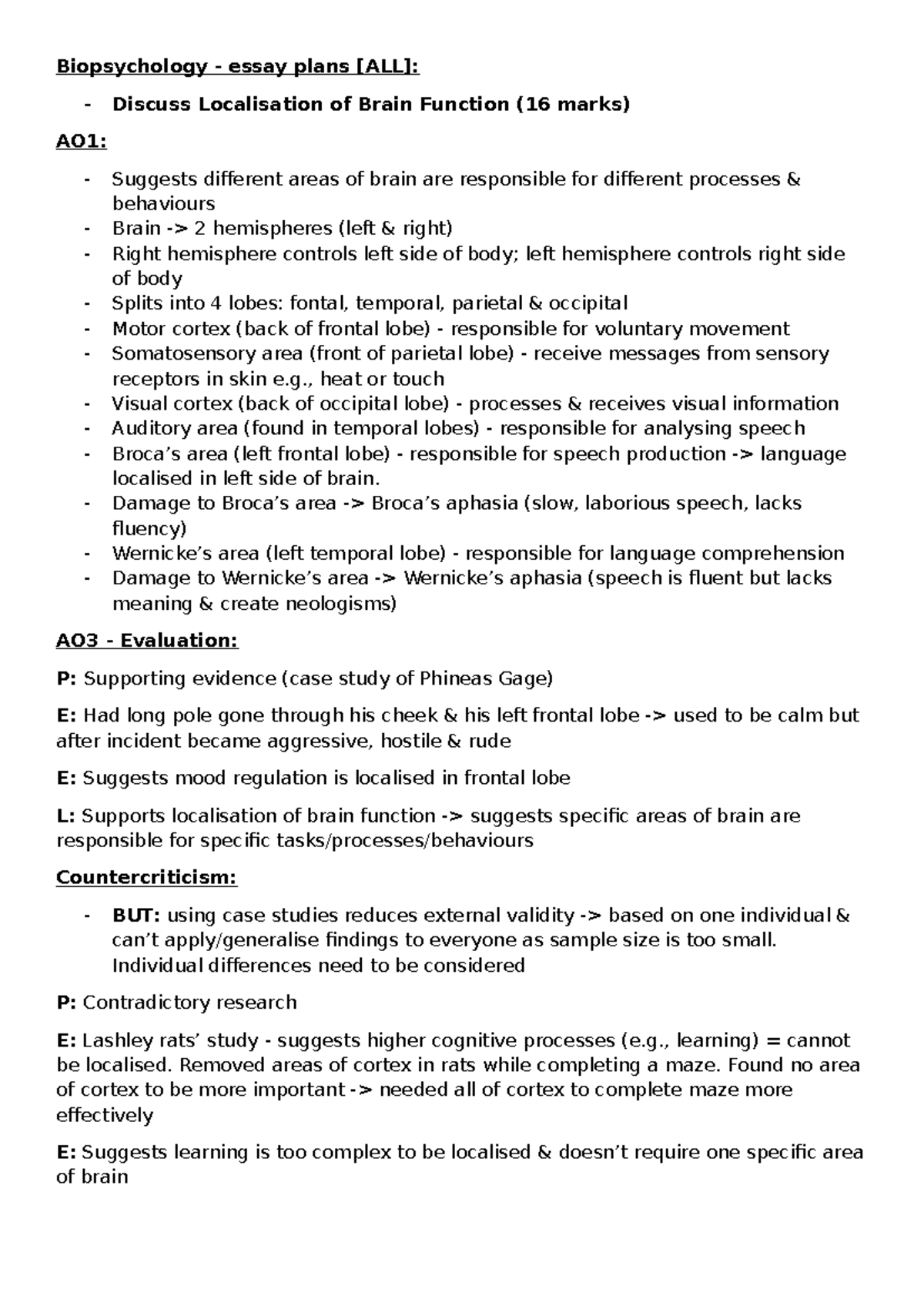 Biopsychology Essay Plans: Localisation & Hemispheric Specialisation ...