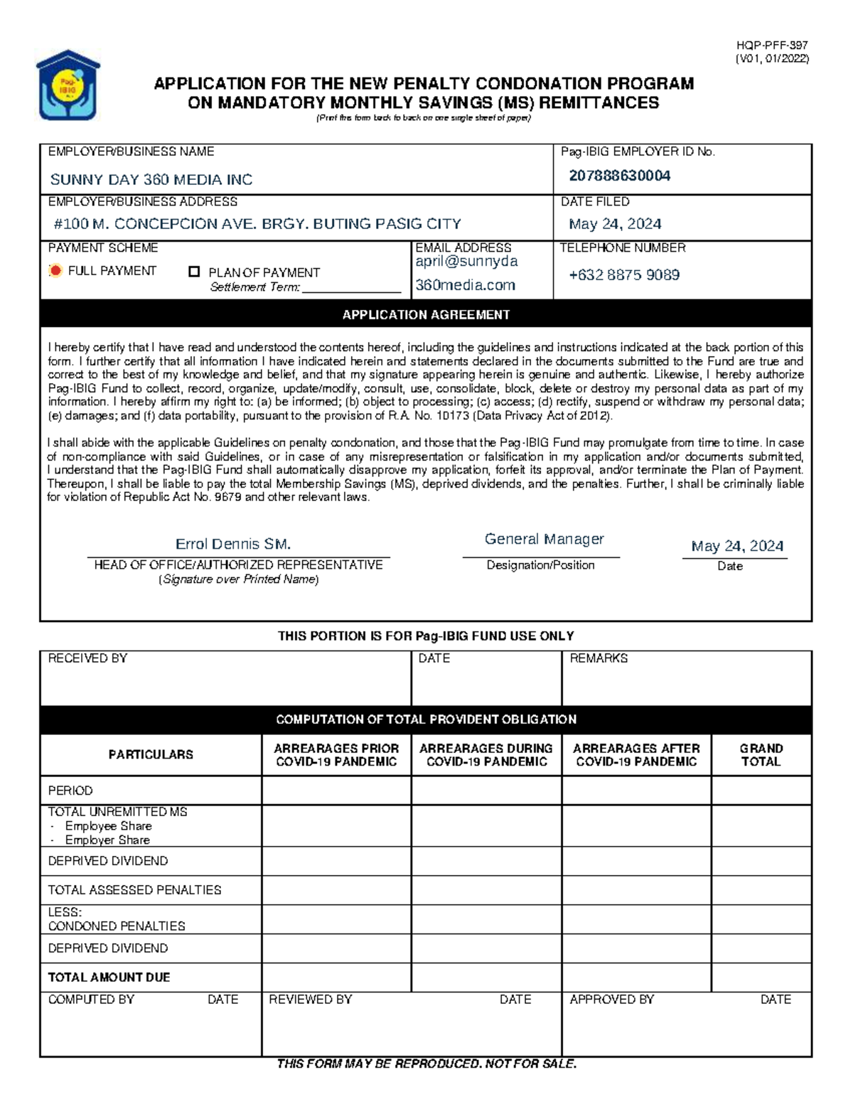 PFF397 Application for Mandatory MS Remittances (Penalty Condonation ...