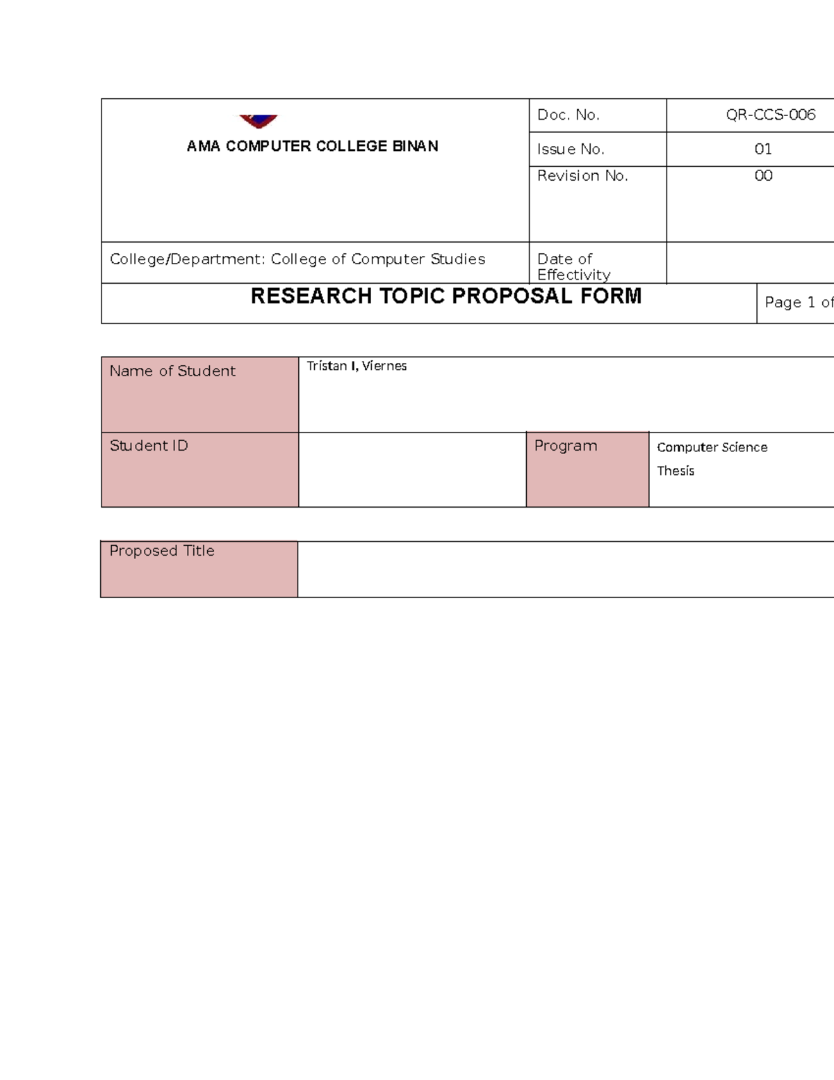 Research Topic Proposal Form - Computer Science Program - Studocu