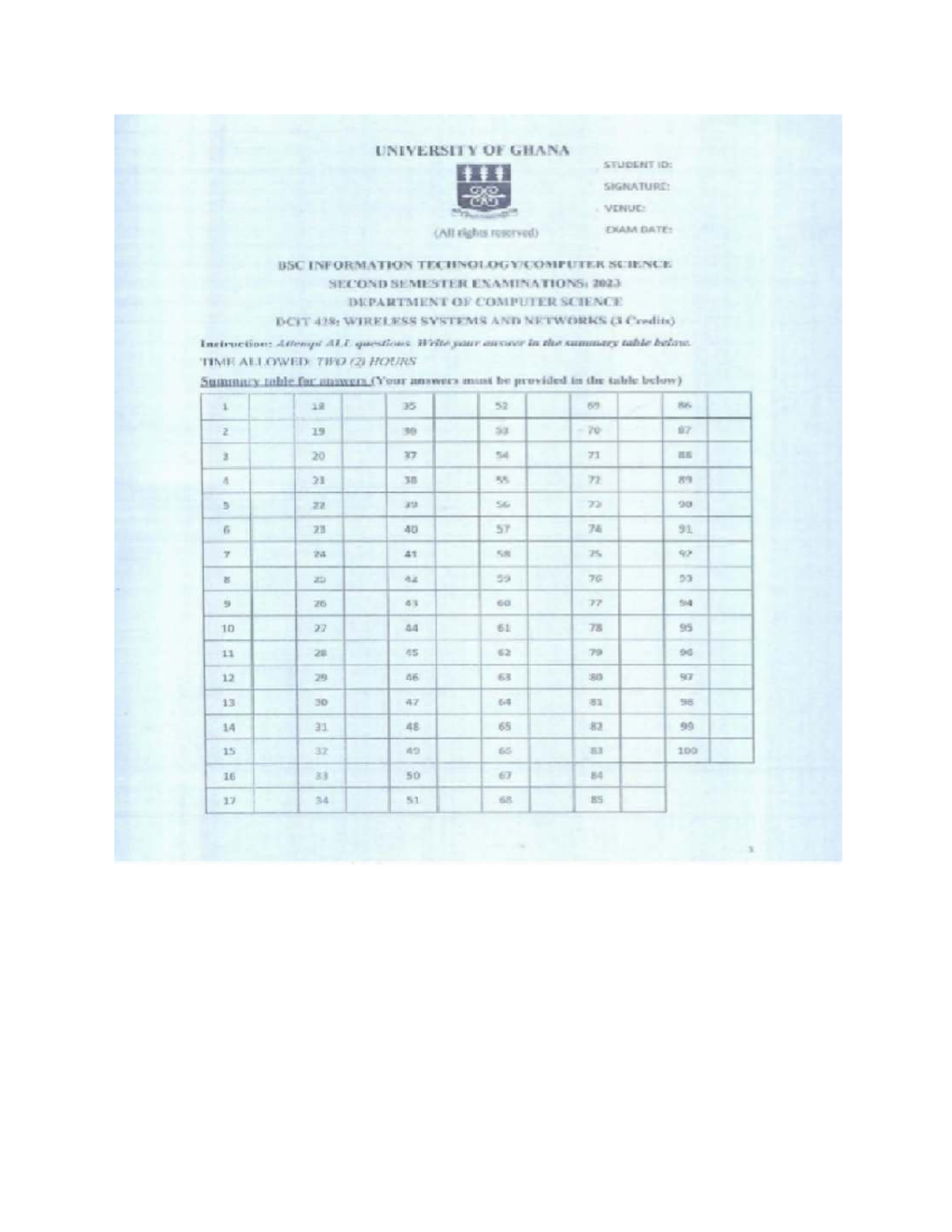 DCIT 428: Wireless Systems and Networks Exam Questions (2023) - Studocu