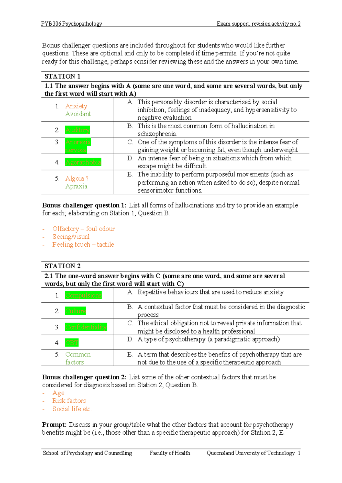 PYB306 Psychopathology Exam Revision: Activity No. 2 with Bonus ...