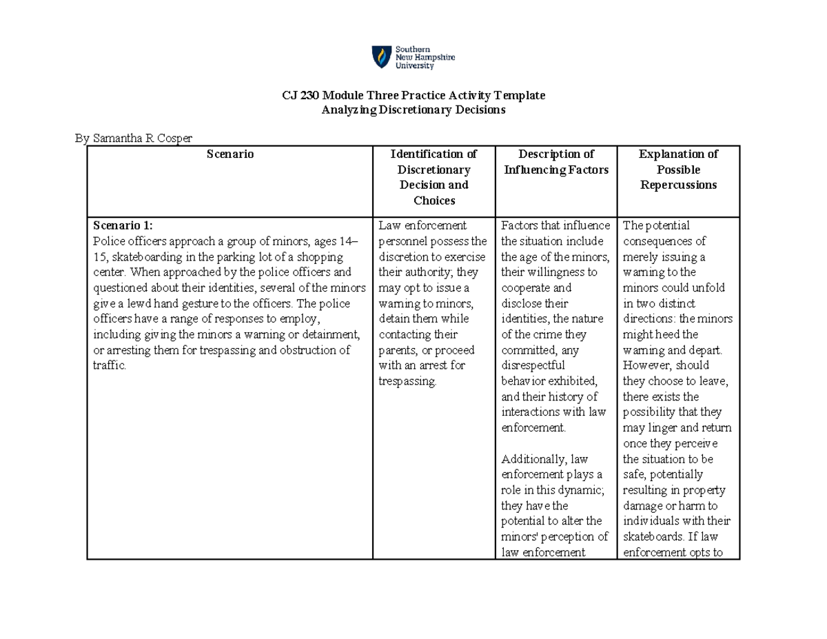 CJ 230 Module 3 Practice Activity: Analyzing Discretionary Decisions ...