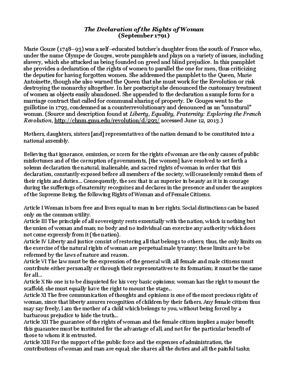 Declaration of the Rights of Woman and Female Citizens (1791) - Studocu