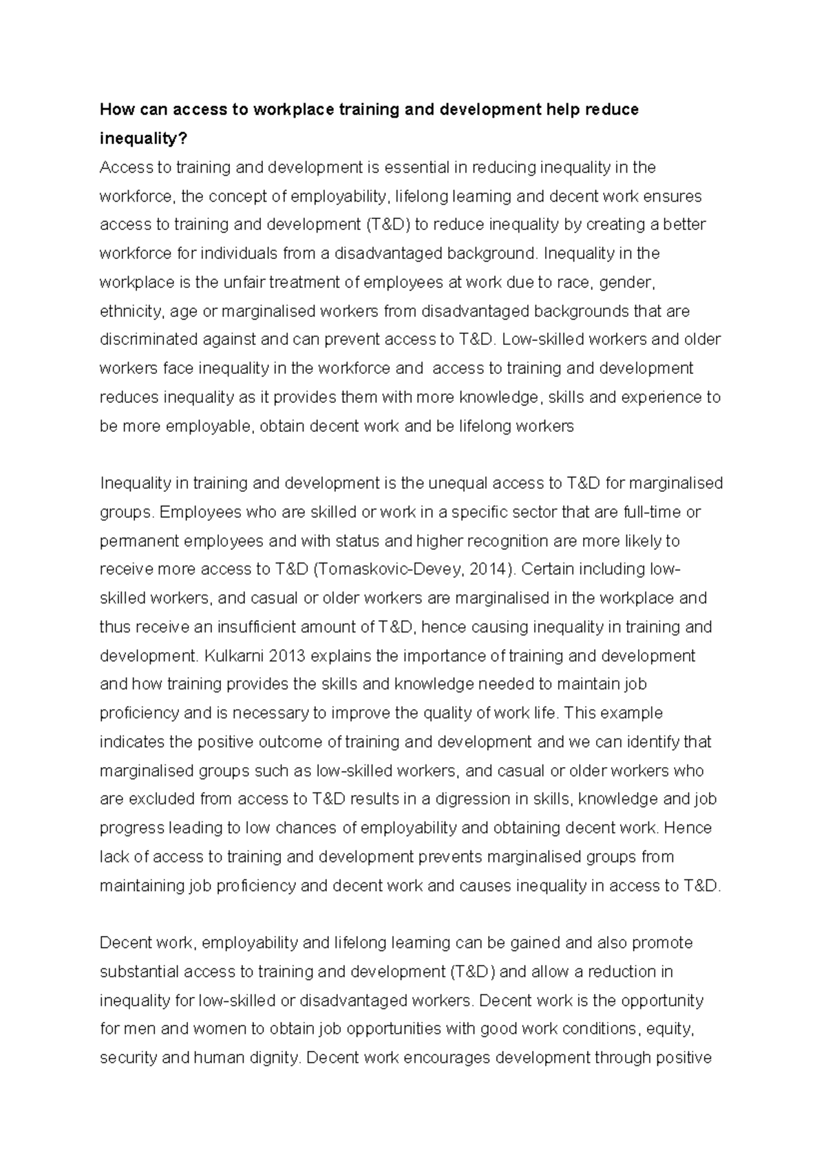Assessment 2 - Essay: Reducing Workplace Inequality through Training ...