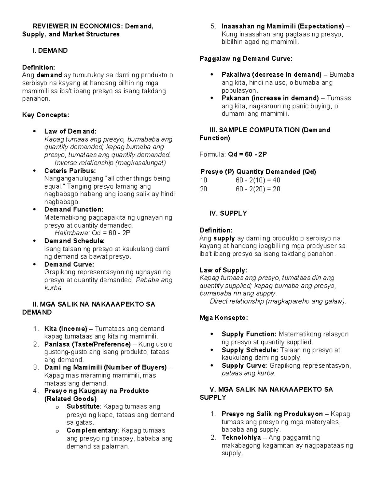 REVIEWER IN ECONOMICS: Demand, Supply, and Market Structures - Studocu