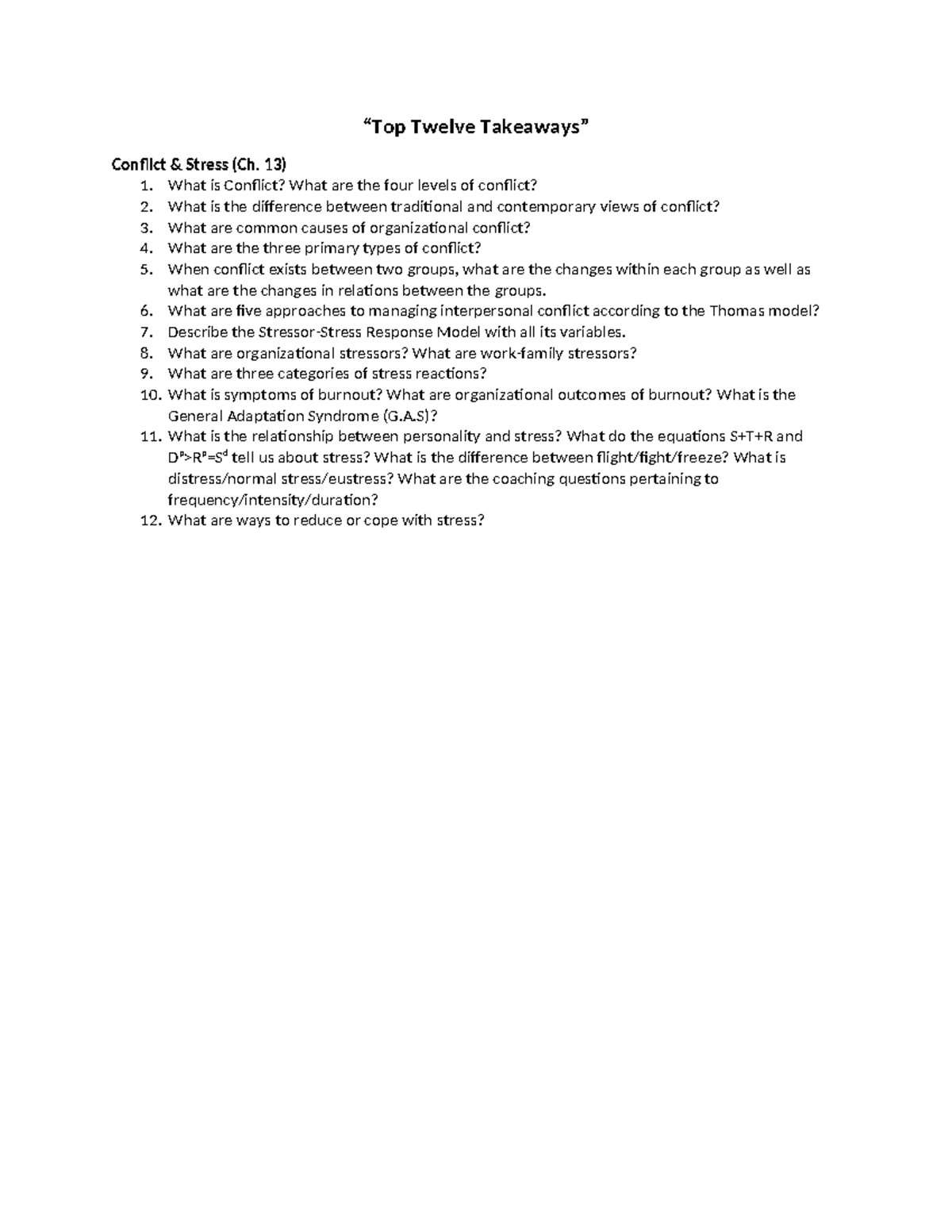 Top Twelve Takeaways for Conflict & Stress (Ch. 13) - Studocu