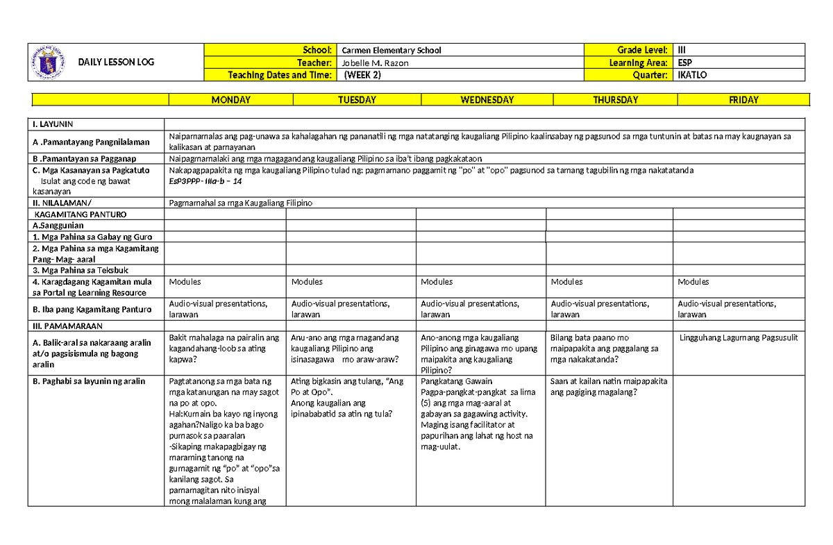 Q3 ESP III DLL WEEK 2 - Daily Lesson Log on Filipino Values - Studocu