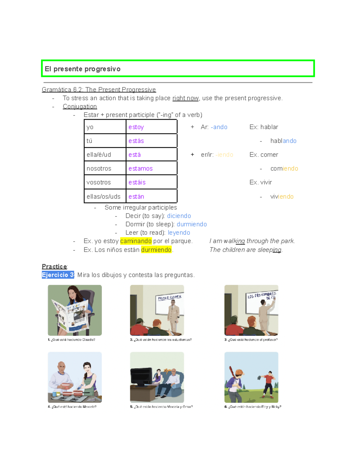 Gramática 6.2: El Presente Progresivo y su Uso en Español - Studocu