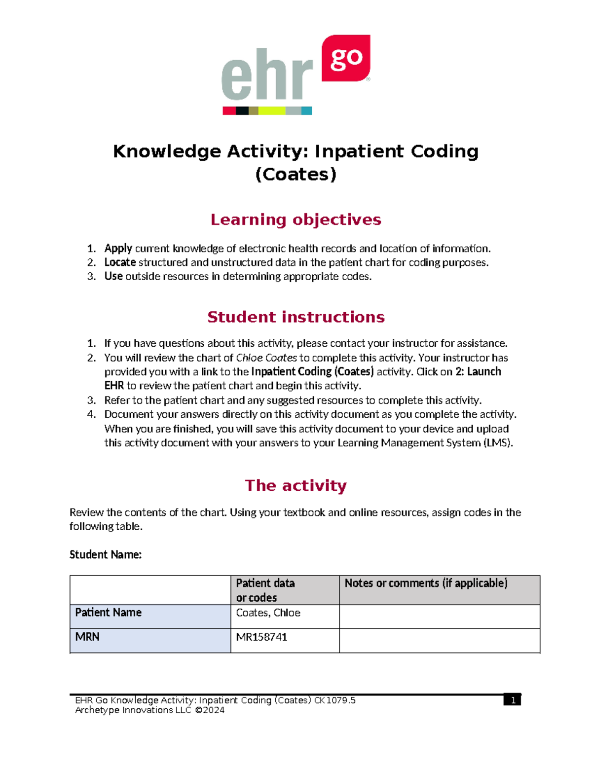 Inpatient Coding Activity for Chloe Coates (HCMT1019) - Studocu