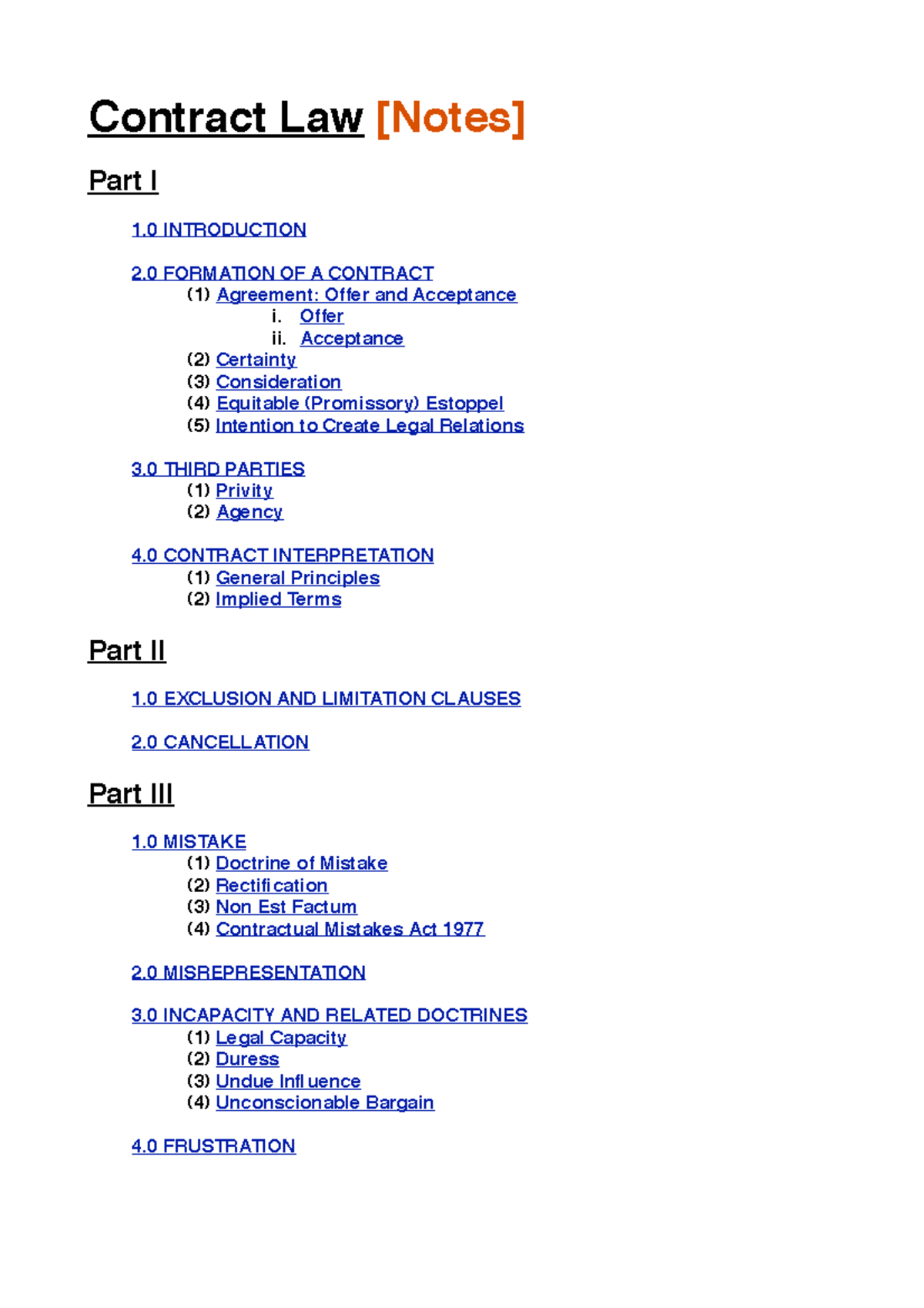 Contract notes - Contract Law [Notes] Part I 1 INTRODUCTION 2 FORMATION ...