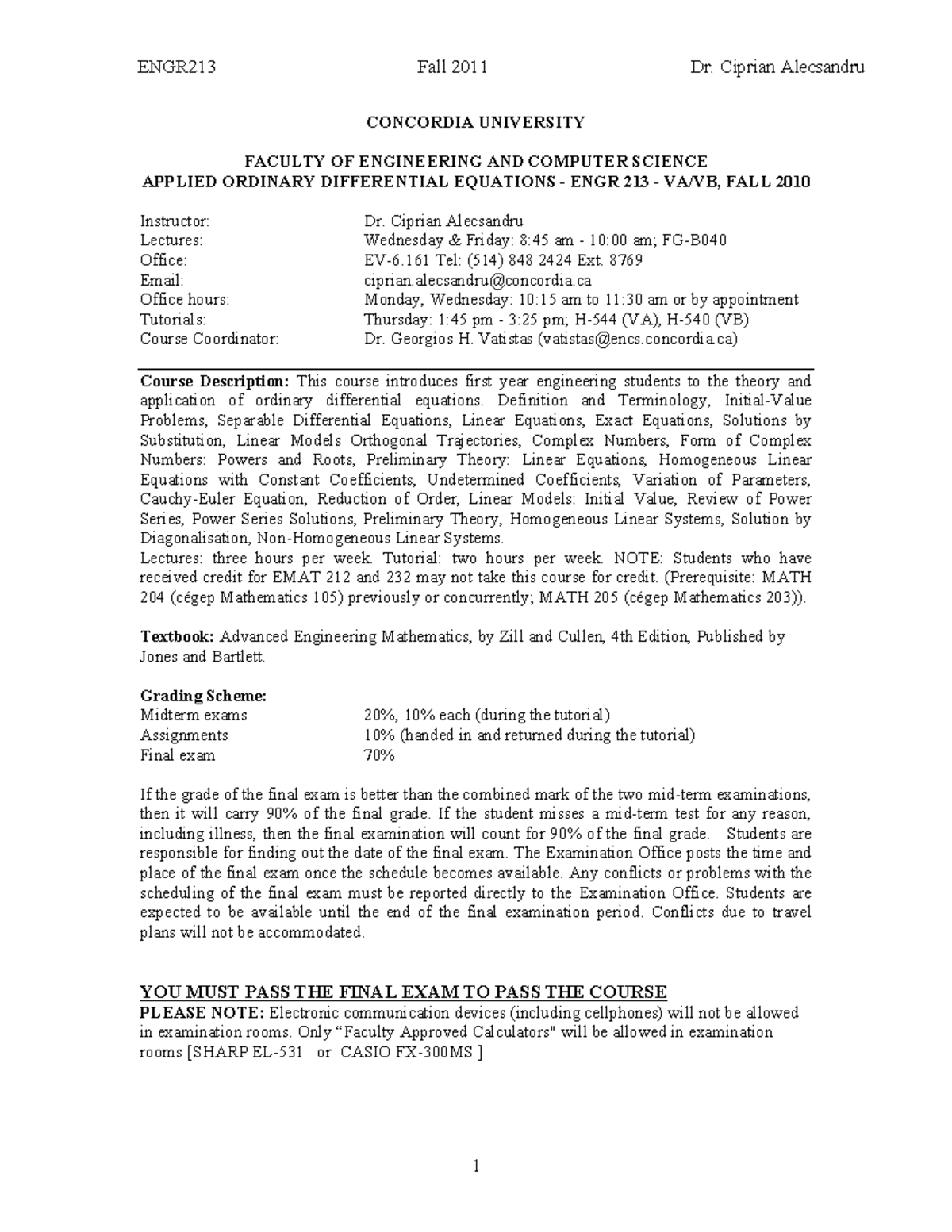 ENGR 213 Fall 2011 Course Outline: Applied Ordinary Differential Equations - Studocu