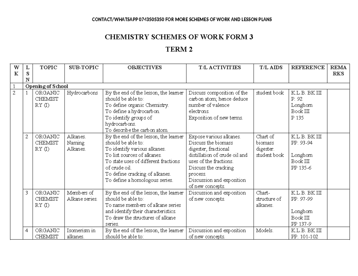 Chemistry Schemes of Work for Form 3 Term 2 (0743505350) - Studocu