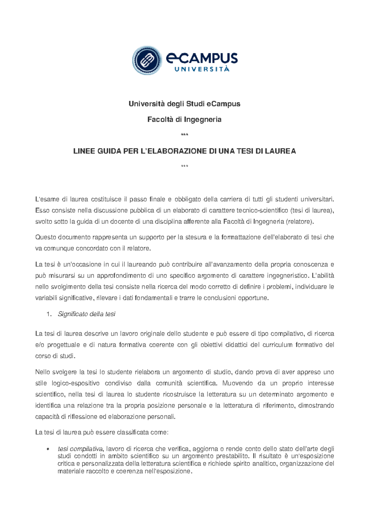 Linee Guida per la Tesi di Laurea in Ingegneria - Università eCampus ...