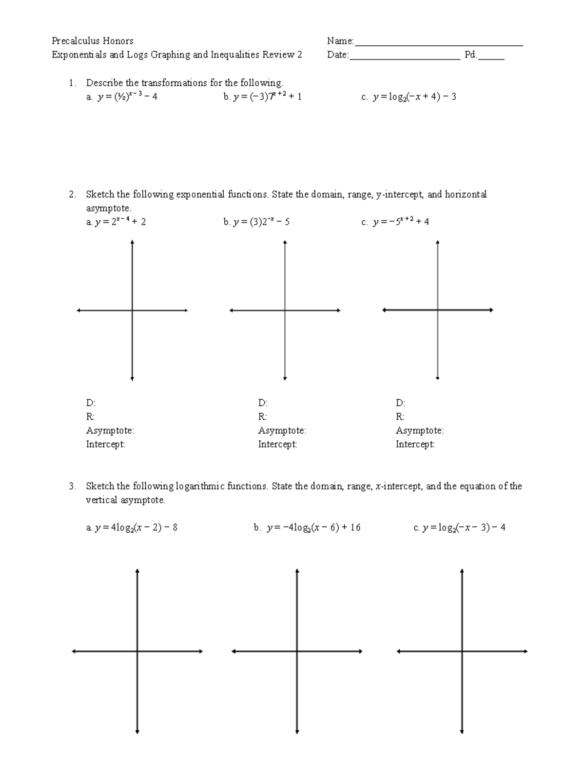 Precalculus (MATH101) Logs & Exponentials Graphing Review - Studocu