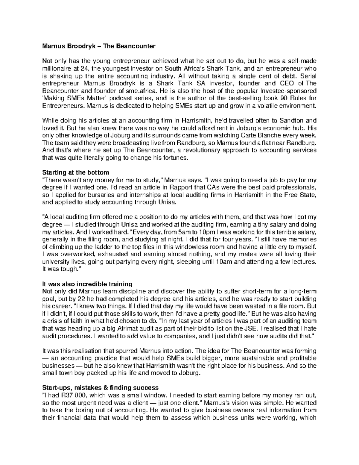 Marnus Broodryk: Disrupting Accounting with The Beancounter - Studocu