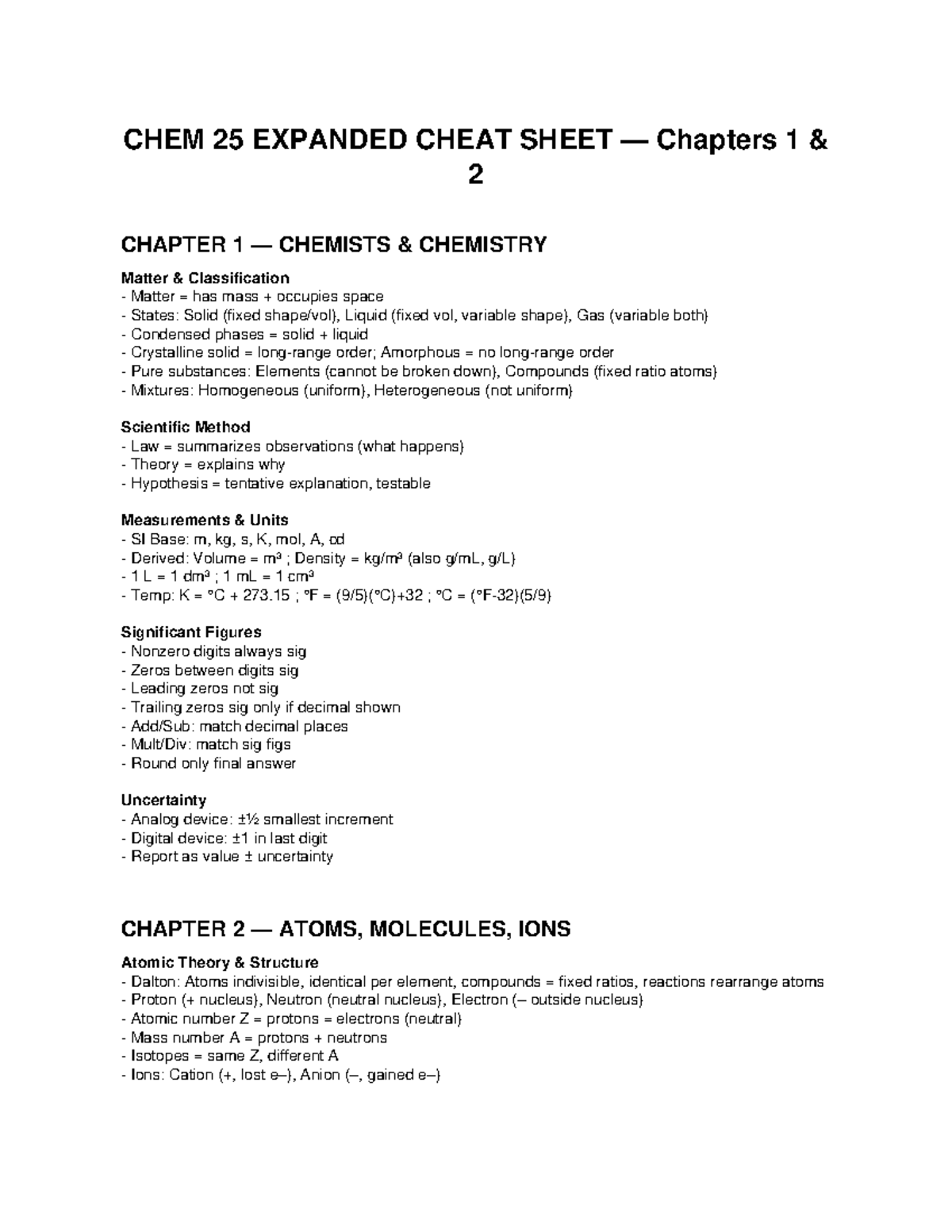 CHEM 25 Expanded Cheat Sheet: Chapters 1 & 2 Overview - Studocu