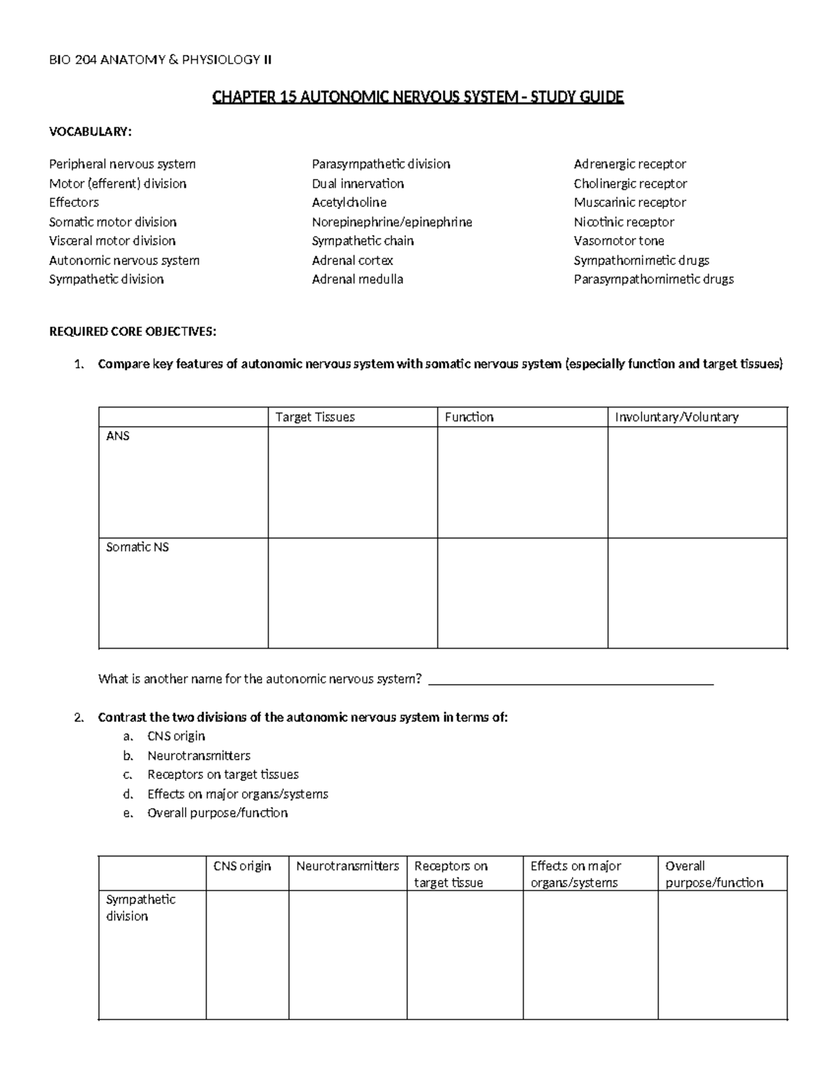 BIO 204 ANATOMY PHYSIOLOGY II CHAPTER 15 AUTONOMIC NERVOUS SYSTEM STUDY ...