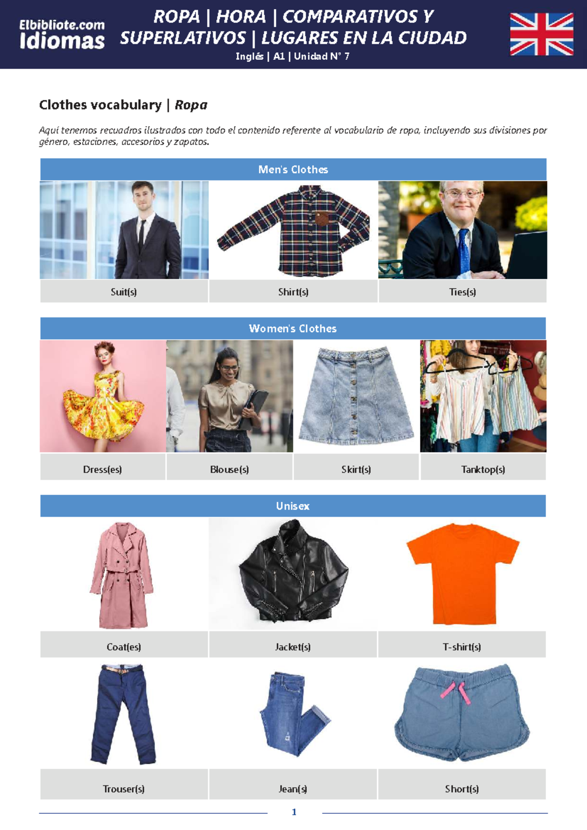 Inglés A1 | Unidad N° 7 | Vocabulario de Ropa, Hora y Comparativos ...