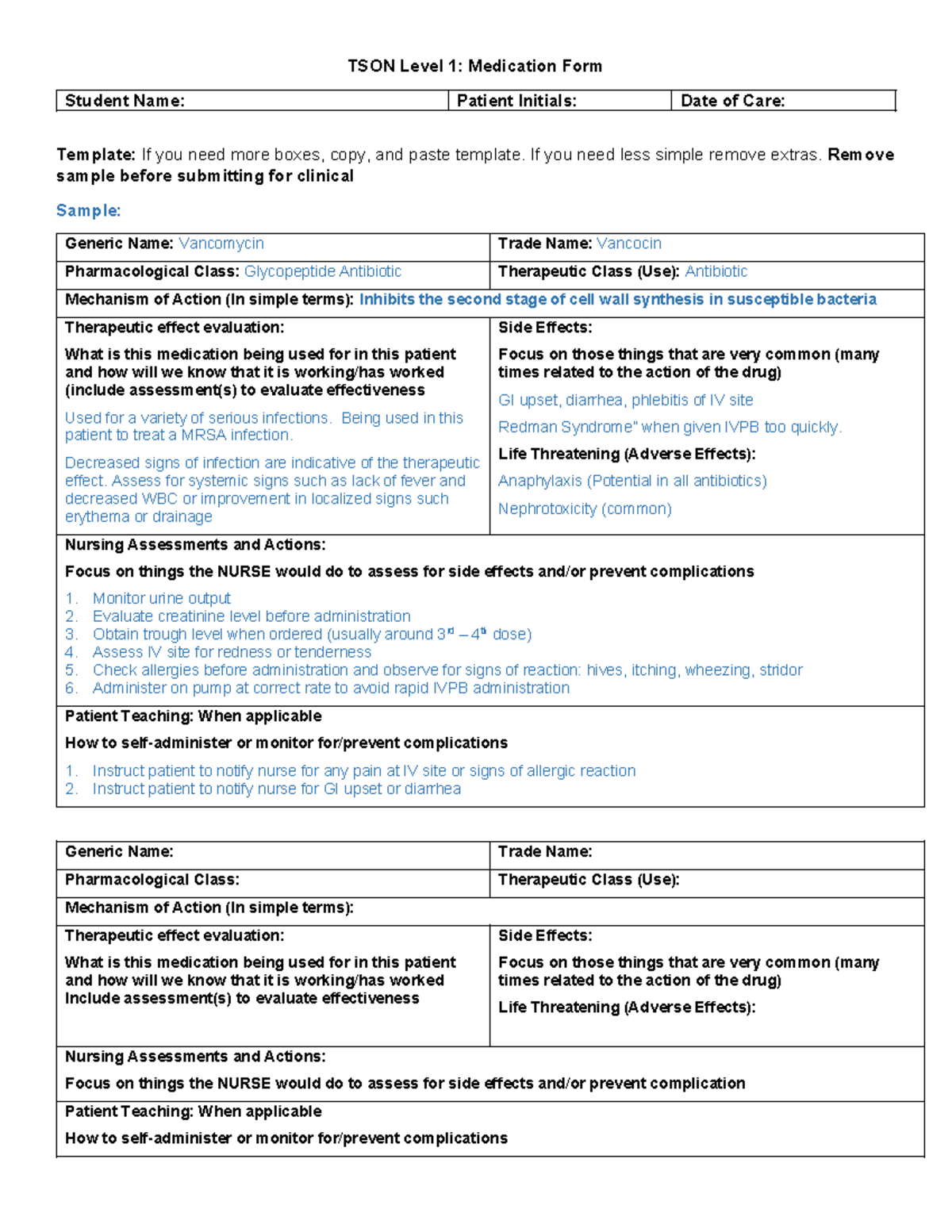 TSON Level 1 Medication Form: Guidelines for Nursing Assessment - Studocu