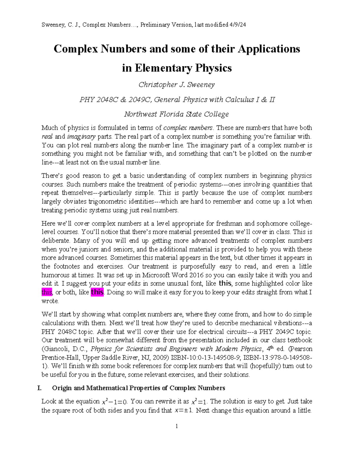Complex Numbers in Electrical and Mechanical Systems: PHY 2048C & 2049C ...