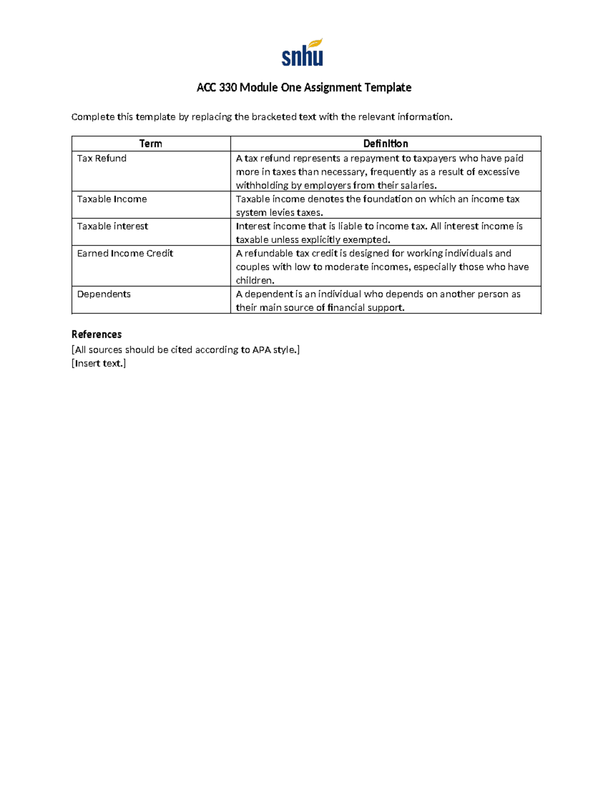 ACC 330 Module One Assignment Template - ACC 330 Module One Assignment ...