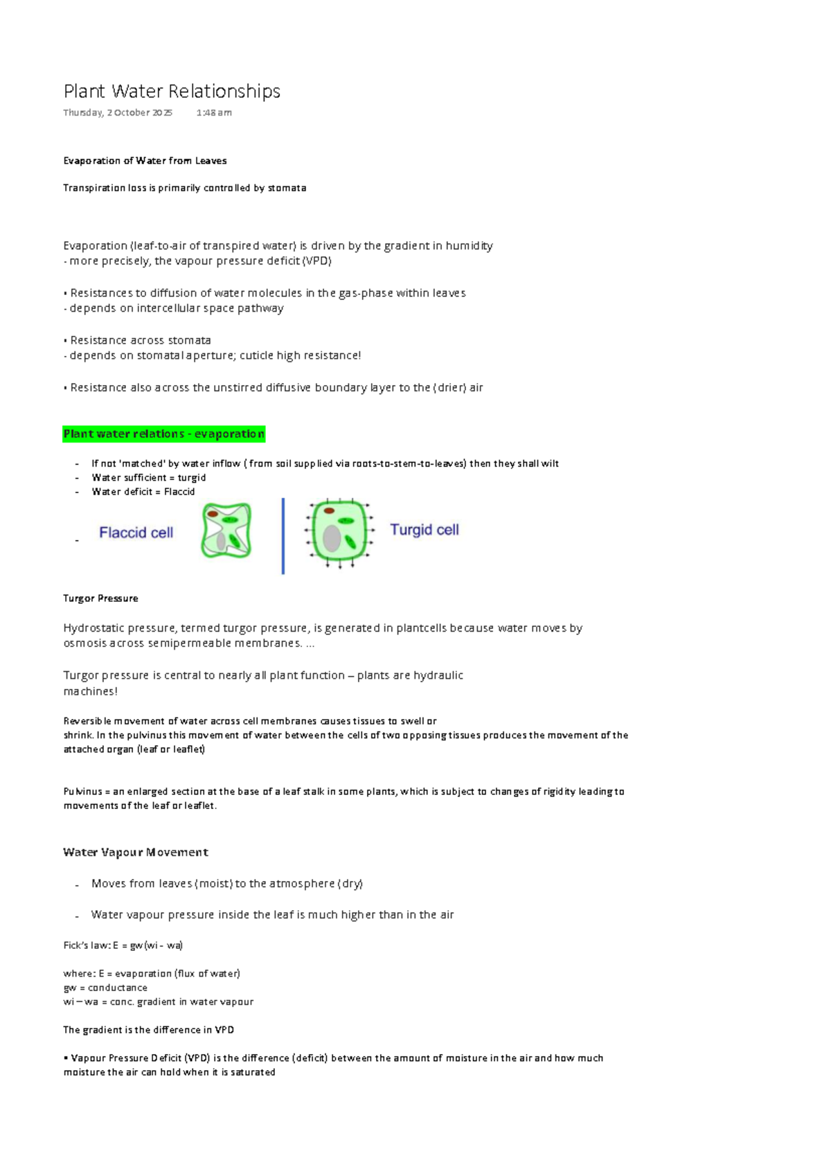 Plant Water Relations: Transpiration and Evaporation - Studocu