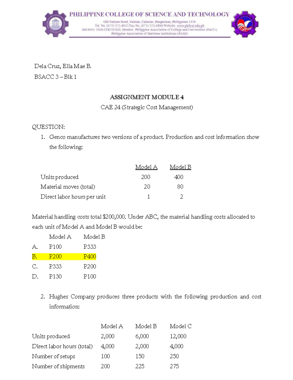 CAE 24 Strategic Cost Management Assignment Module 4 Details - Studocu