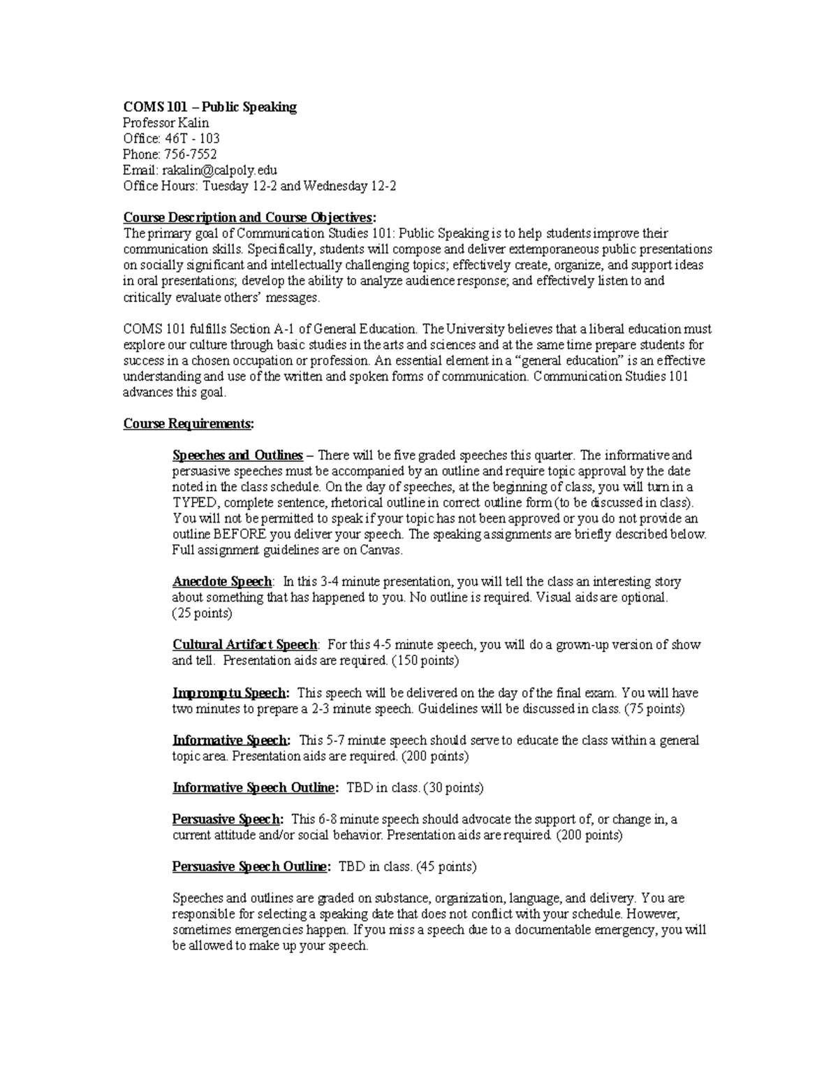 COMS 101 Public Speaking Course Syllabus and Requirements - Studocu