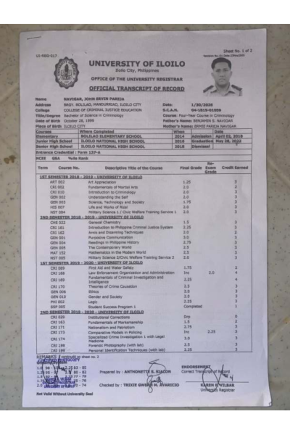 Transcript of Records for Bachelor of Science in Criminology - Studocu