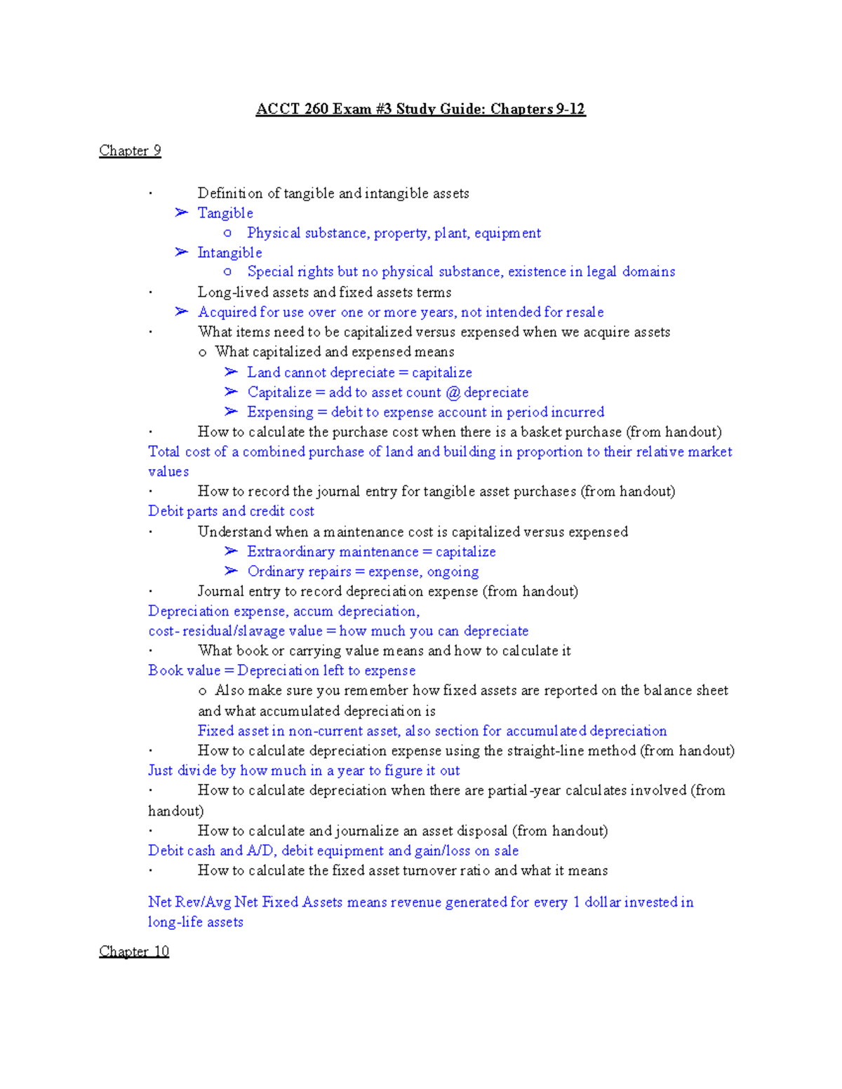 ACCT 260 Exam Study Guide: Chapters 9-12 on Assets & Liabilities - Studocu