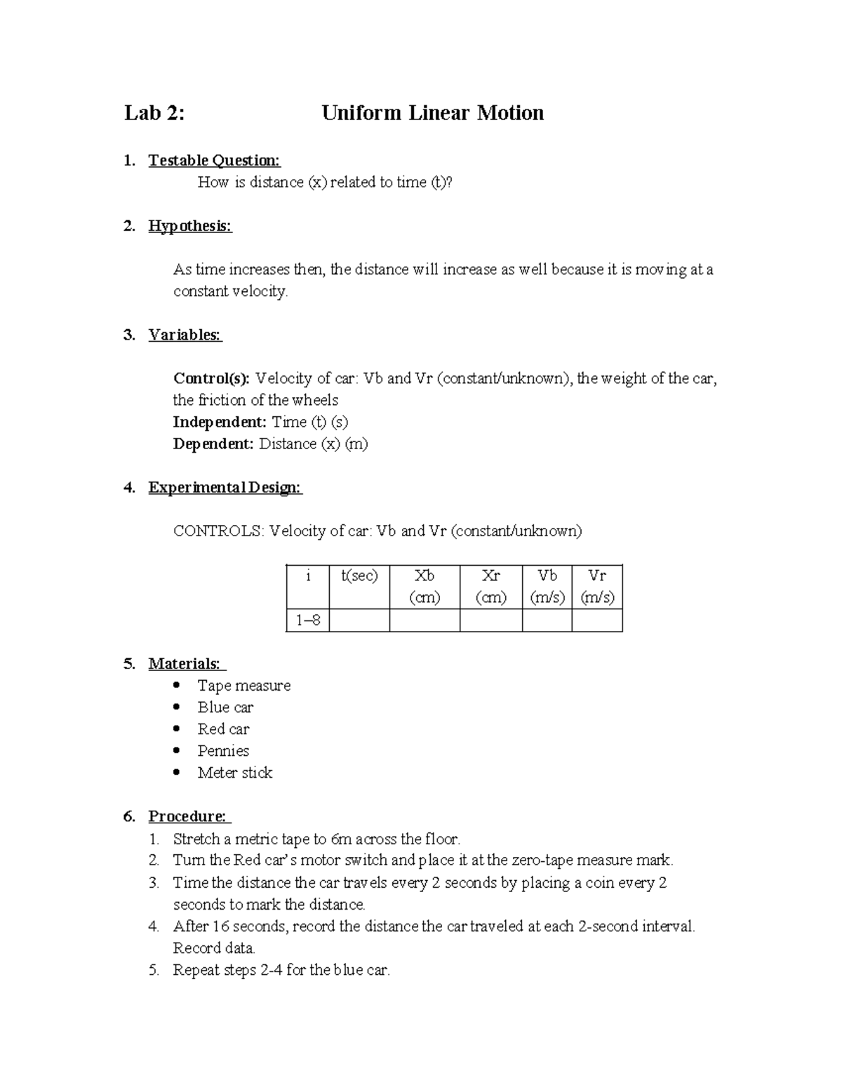 PHY111L Lab 2 Uniform linear motion 3 - Lab 2: Uniform Linear Motion ...
