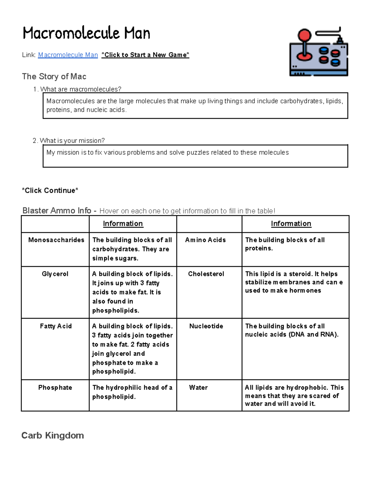 Macromolecule Man Game: Student Guide and Mission Details - Studocu