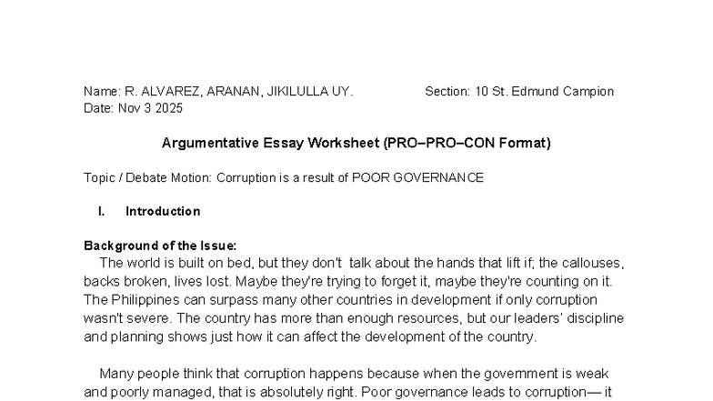 ENG 101: Argumentative Essay on Corruption & Poor Governance - Studocu