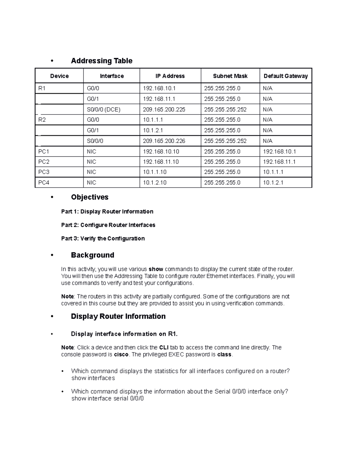 1034 Packet Tracer Connect A Router To A Lan • Addressing Table Device Interface Ip
