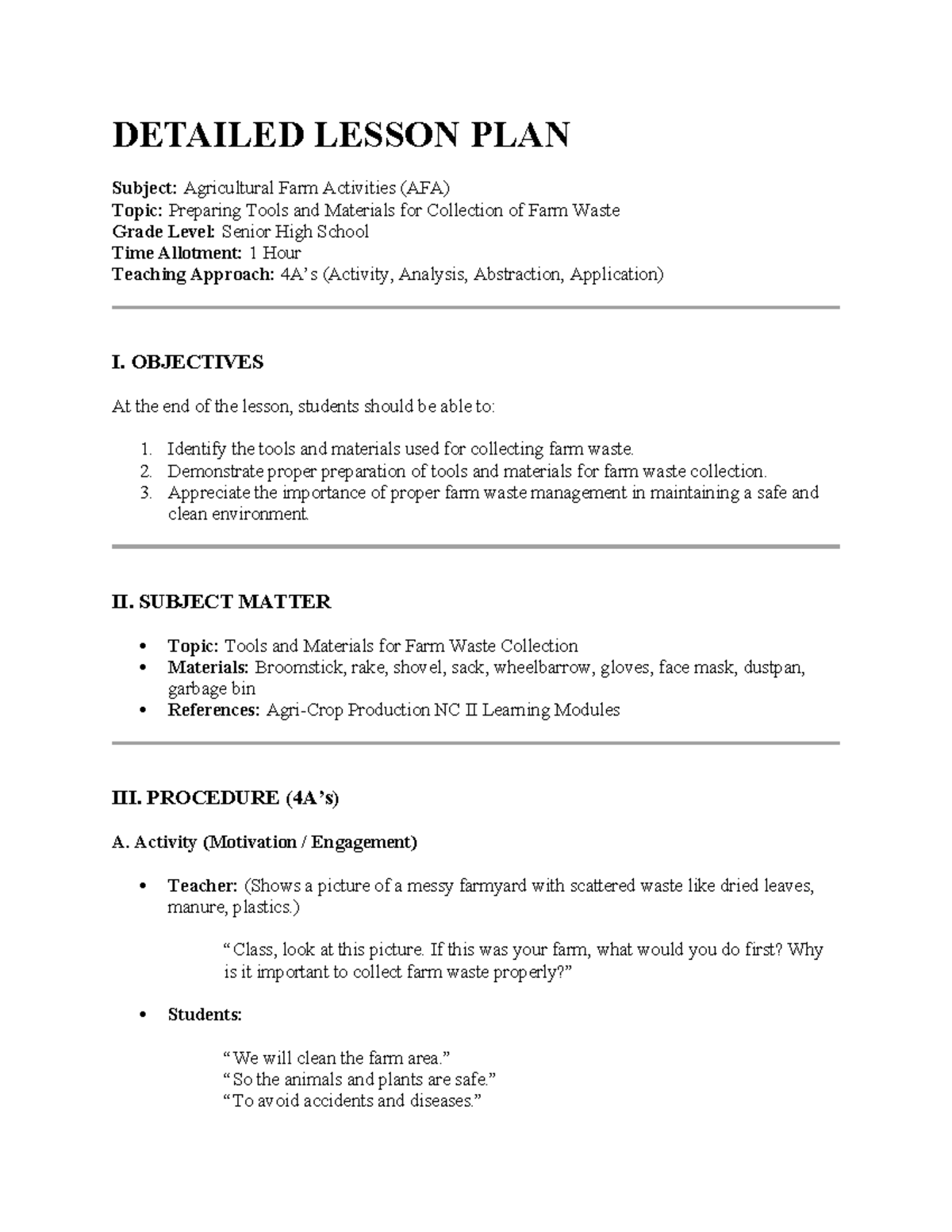 DETAILED LESSON PLAN: Collecting Farm Waste (AFA) for Senior High ...