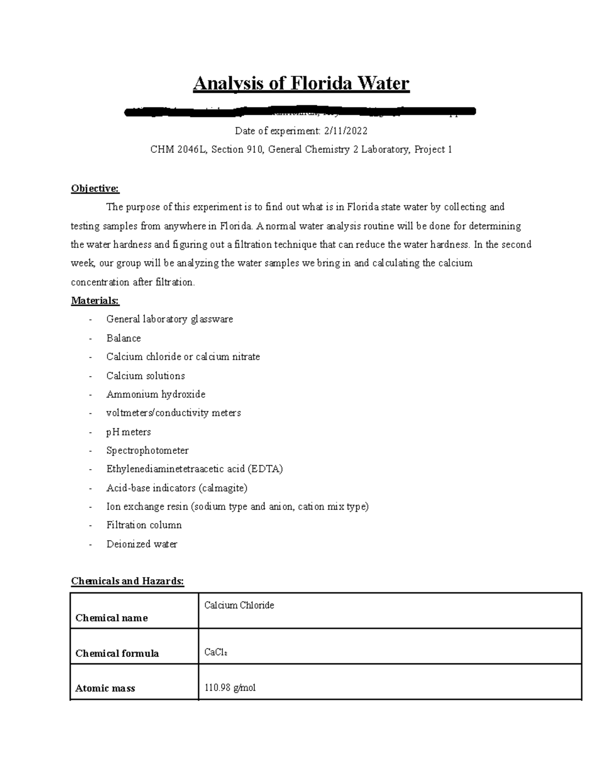 Analysis of Florida Water: Pre-lab for CHM 2046L Experiment 1 - Studocu
